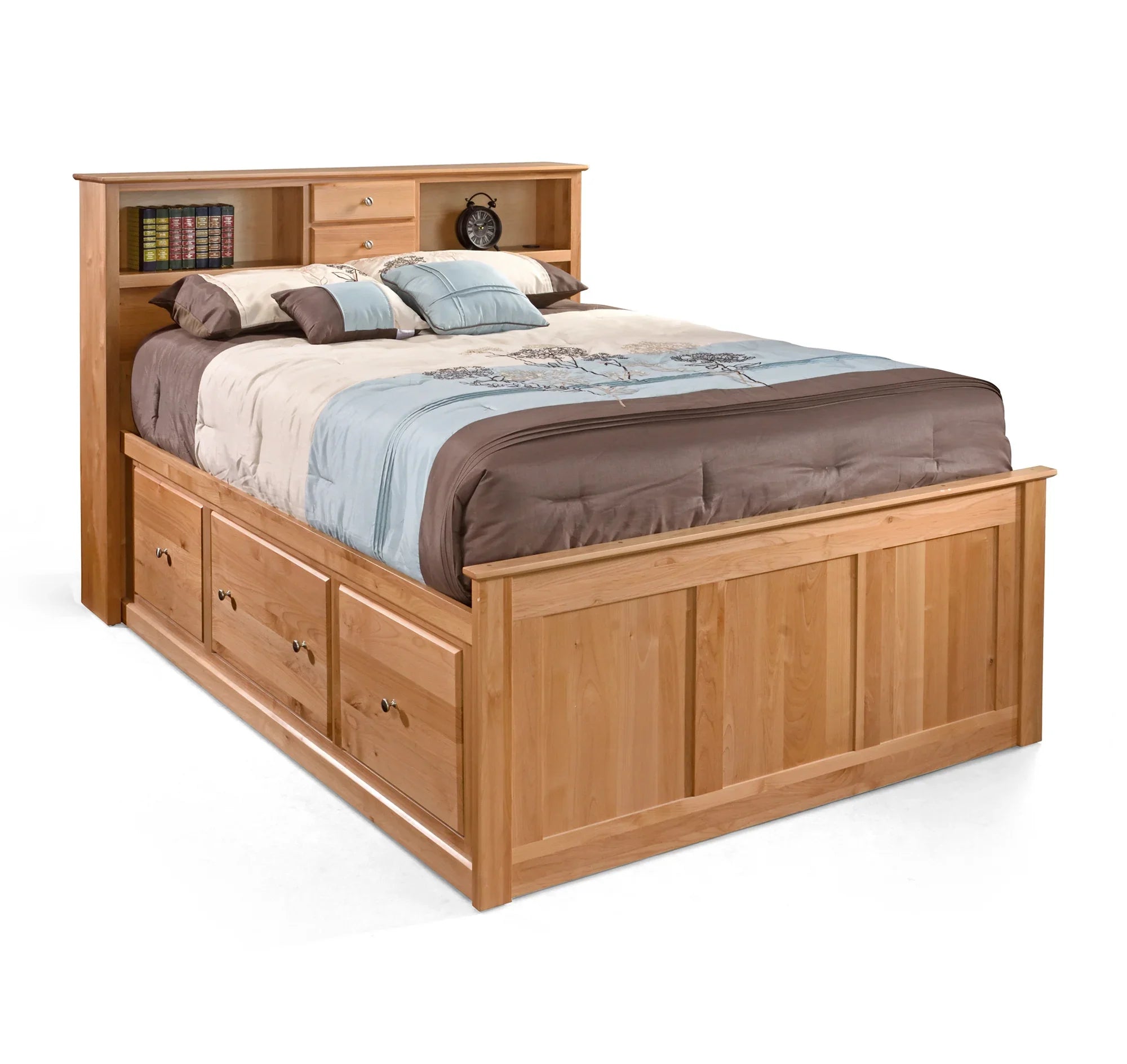 Alder Bookcase Headboard 6 Drawer Chest Bed Queen Standard Finish